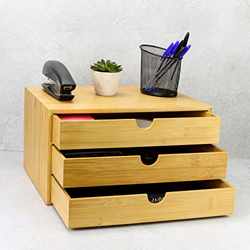Bamboo Desktop Drawer Organiser – 3 Drawers Storage Unit for Stationery ...