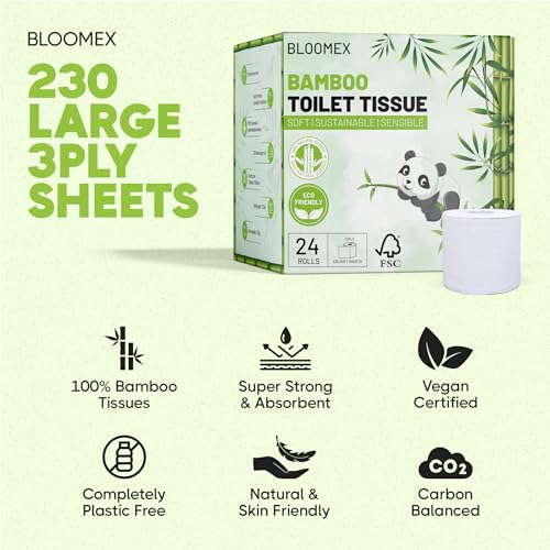 BLOOMEX Bamboo Toilet Rolls Bulk Buy - 24 Rolls, 3-Ply, 230 Sheets Per ...