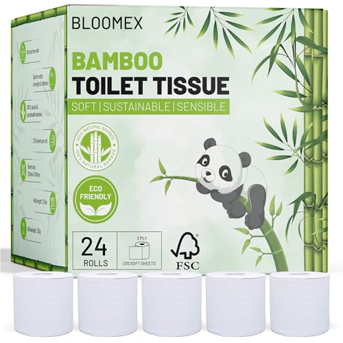 BLOOMEX Bamboo Toilet Rolls Bulk Buy - 24 Rolls, 3-Ply, 230 Sheets Per ...