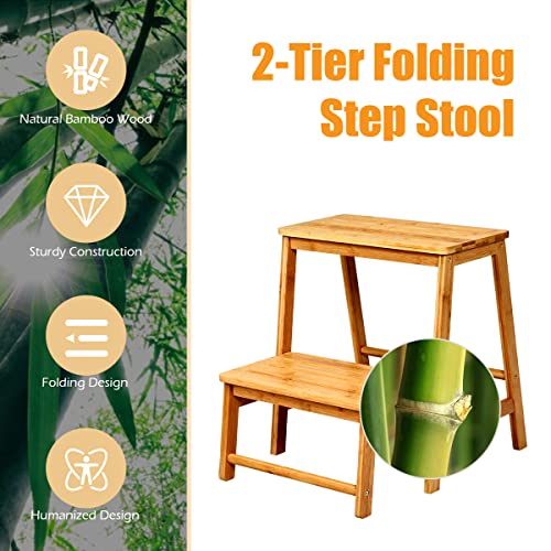COSTWAY 2 Tier Step Stool, Bamboo Folding Stepladder Foot Stools for ...