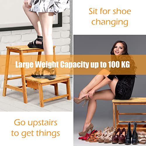 COSTWAY 2 Tier Step Stool, Bamboo Folding Stepladder Foot Stools for ...