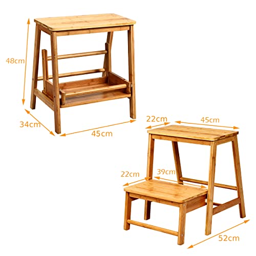 COSTWAY 2 Tier Step Stool, Bamboo Folding Stepladder Foot Stools for ...
