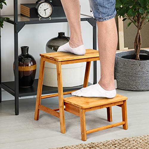 COSTWAY 2 Tier Step Stool, Bamboo Folding Stepladder Foot Stools for ...