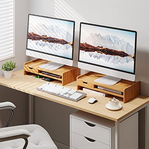 HOMCOM Monitor Riser Laptop PC Plinth Stand TV Computer Desktop Organiser W/Drawer Bamboo - Only ...
