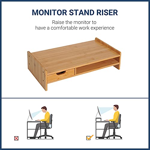 HOMCOM Monitor Riser Laptop PC Plinth Stand TV Computer Desktop Organiser W/Drawer Bamboo - Only ...