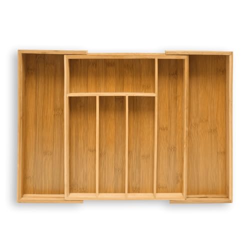 Relaxdays Wooden Bamboo Cutlery Tray, 33,5x29-48x5 cm, Large Drawer ...