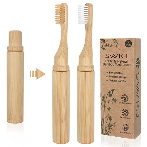 SWKJ Portable Bamboo Toothbrushes, 2 Pcs Organic Natural Folding Bamboo ...
