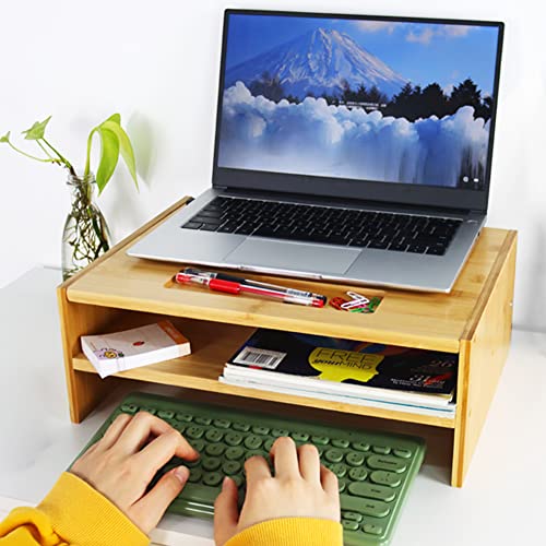 WKWKER 2-Tier Bamboo Monitor Stand With Grooved Storage Computer ...